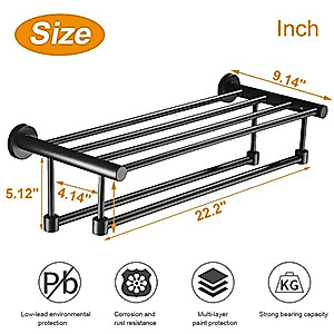 TocTen Bathroom Towel Rack, Towel Shelf for Bathroom with Double Towel Bar Wall Mounted, Premium SUS 304 Stainless Steel Hotel Bath Towel Holder, Anti-Rust Towel Rod with Shelf (24 in, Matte Black)