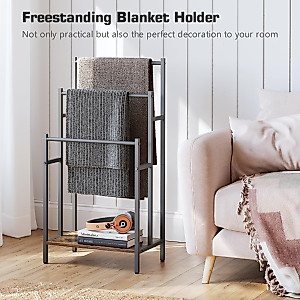 Freestanding Towel Rack Stand for Bathroom, 3 Tier Blanket Ladder Holder, Towel Drying and Display Rack with Shelf, Metal Blanket Rack, Farmhouse Rustic Brown and Black