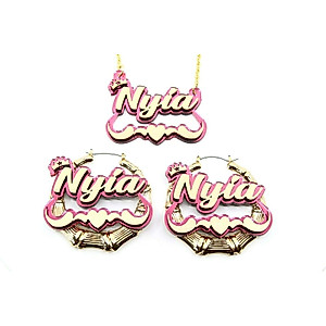 Name Necklace Plate Personalized Custom Nameplate and 2.5" Bamboo Gold Earrings With Swirls Heart and Crown on Top Jewelry Set Color Choice Laser Cut Gold Script Cursive Letters, Quality Gold Chain