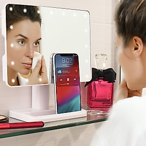 Aduro Vanity Mirror Makeup Mirror With Lights And Wireless Speaker, U-Reflect Beauty LED Wireless Swivel Smart Home Audio Mirror With Tray (White)