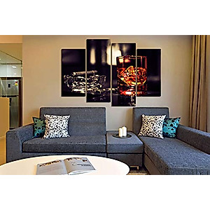 VVOVV Wall Decor - Brown Whisky In Cups With Ice Canvas Wall Art Print Wine Painting Framed Pictures Smoking Cigar Ashtray Poster Giclee Artwork Wall Decor Kitchen Bar