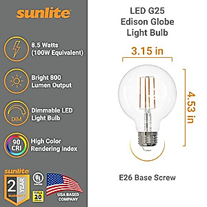 Sunlite 41696 LED G25 Edison Globe Light Bulb, 8.5 Watts (100W=), Medium E26 Base, 800 Lumens, Dimmable, Clear Glass, Antique Long Filament, 90 CRI, Title-20 Compliant, 2700K Soft White, 4 Count