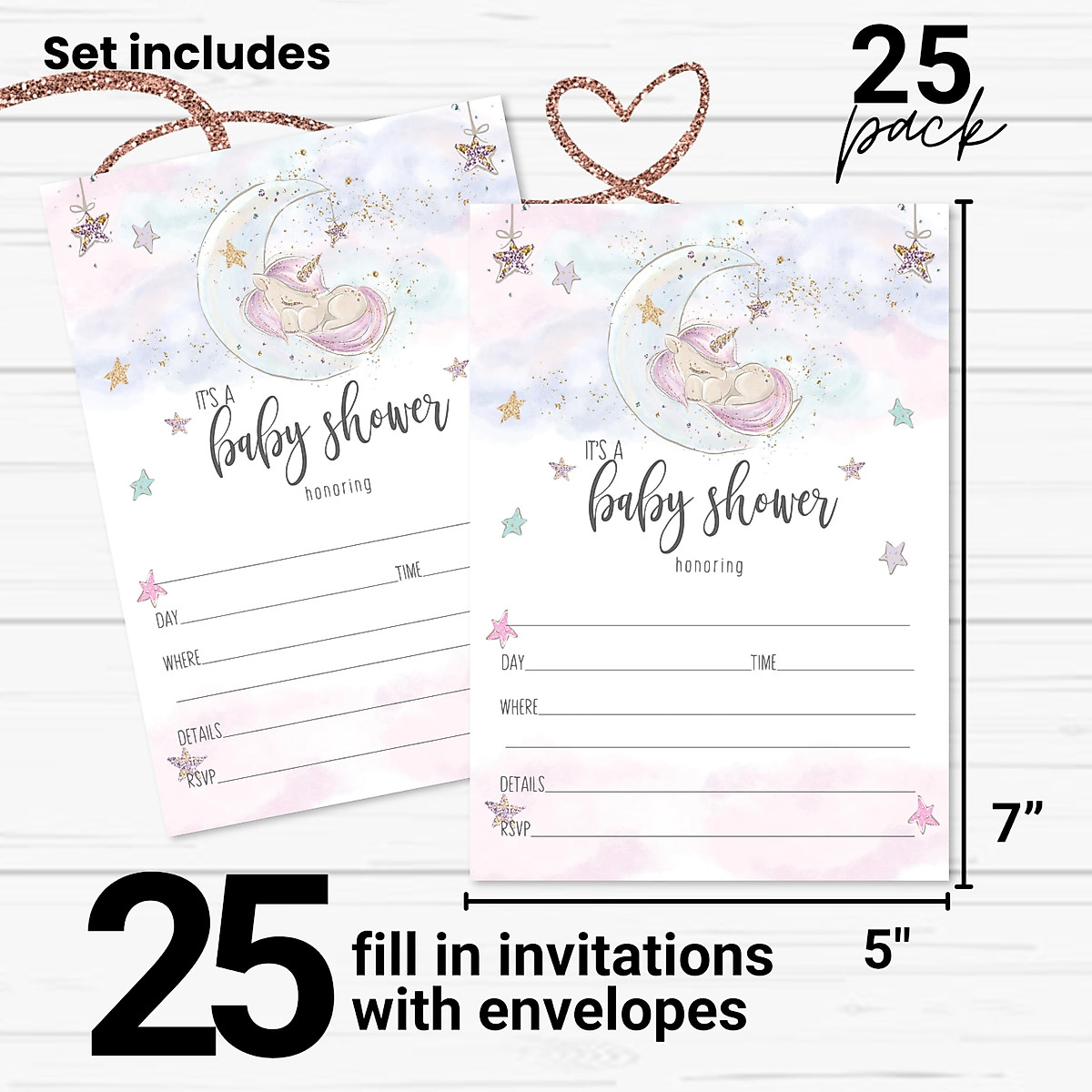 Paper Clever Party Unicorn Invitations with Envelopes - 25 Pack - 5x7 Blank Cards for Girls Baby Shower Handwrite Personalized Party Details - Rainbow Theme