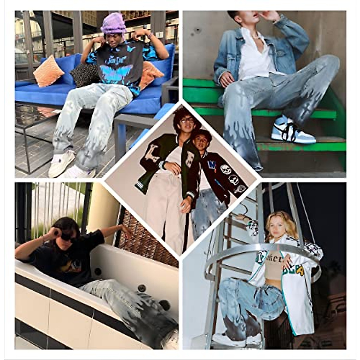 Aelfric Eden Unisex Denim Jeans Flame Cross Vibe Straight Jeans Streetwear Multi Pockets