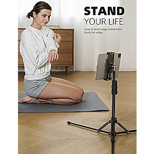 Lamicall Tablet Floor Tripod Stand - 64.9" Tablet Holder Mount with Adjustable Height for Stream/Watching with Bluetooth Remote, for iPad Pro 12.9, Mini, Air, iPhone and 4.7-13" Tablet and Cellphone