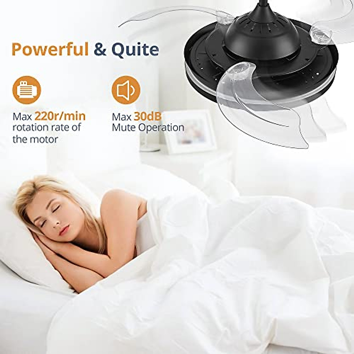 LEDIARY 42 Inch Retractable Ceiling Fans with Lights and Remote, Bladeless Ceiling Fans with LED Lighting, Smart Modern Ceiling Fan, Stepless Color Changeable, Dimmable, Timer Setting - Black