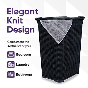 Plastic Laundry Hamper with Lid, Knit Designed Laundry Hamper Basket, 50 Liter White Smoke Cloths Hamper Organizer with Cut-out Handles. Space Saving for Laundry Room Bedroom Bathroom.