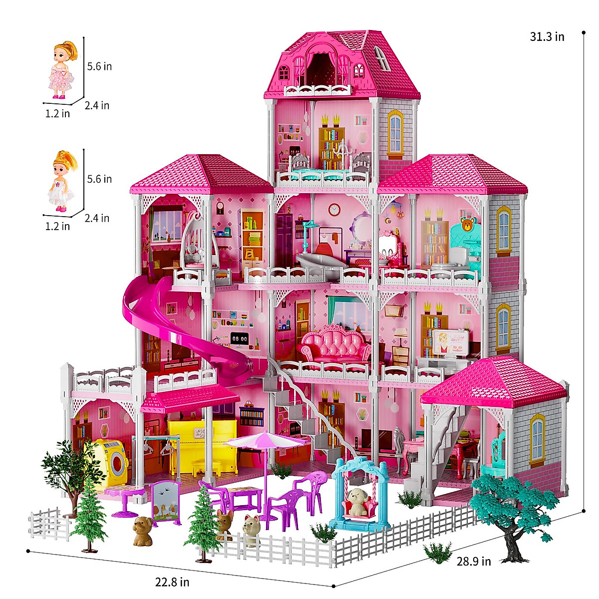 TEMI Villa Toys for 3 4 5 6 7 8 Years Old Girls - 4 Storeys 12 Rooms, Indoor Playset with 2 Dolls Toy Figures, Toys Furniture and Accessories, Pretend Girls Plays, Building Toys, Gifts Toy