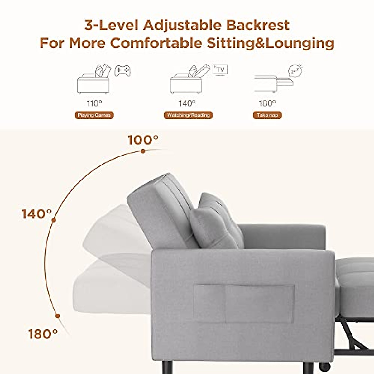 Noelse 34 Inch Sleeper Sofa Chair, 3-in-1 Convertible Sofa Chair Pull Out Chair Bed with Adjustable Backrest, Single Armchair for Living Room Apartment (Light Grey)