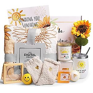 Sending Sunshine Gift, 10pcs Sunflower Gifts for Women, Get Well Soon Gifts Basket Care Package Unique Birthday Gifts Box with Inspirational Blanket Candle for Thinking of You Her Sister Best Friend
