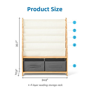 OOOK Solid Wood Kids Bookshelf, 27.6" L x 11" W x 34" H Toddler Montessori Bookshelf Equipped with 4 Sling Bookshelf, 2 Toy Organizer Shelves and Storage Boxes, Nice Book Shelf for Kids Rooms, Nursery