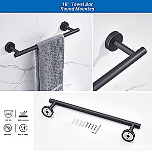 Starknows 6 PCS Bathroom Hardware Set, Matte Black Stainless Steel Bathroom Accessories Towel Rack Set Round Wall Mounted, Include 16inch Towel Bar, Toilet Paper Holder, Towel Ring, 3 Robe Towel Hooks