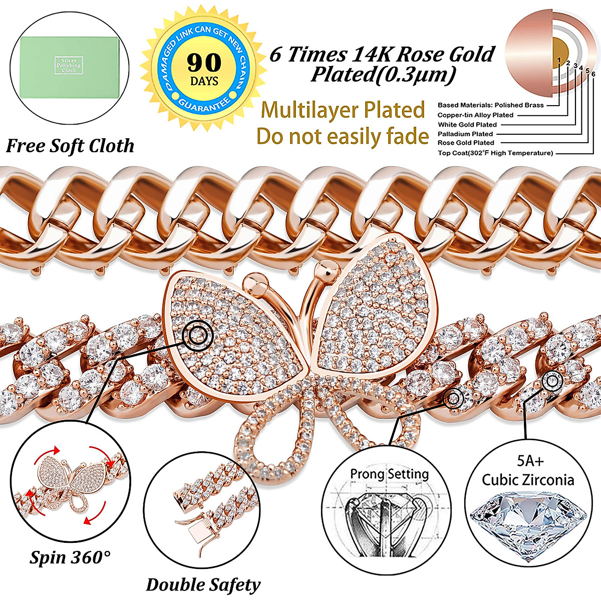 TOPGRILLZ 8mm/12mm 6 Times Plated Iced Out Spinner Charm Butterfly Cuban Link Choker Chain Necklace for Women Novelty Jewelry Gifts(12mm Rose Gold, 16)