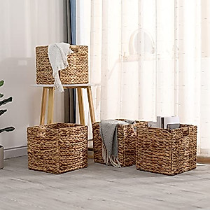 JCLD&YO9 Foldable Handwoven Water Hyacinth Storage Baskets Wicker Cube Baskets Rectangular Laundry Organizer Totes,Set of 4 Pcs,12x12x12inch
