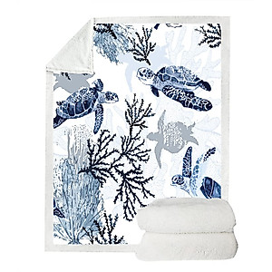 LINGXUQK Sea Turtle Fleece Throw Blanket Underwater World Sea Turtle Sea Grass Natural Watercolor Style Plush Sherpa Blanket Cozy Fluffy Blanket Sea Turtle Gifts…