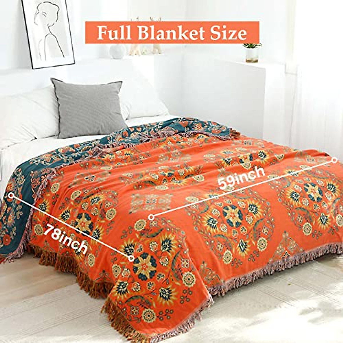 Bohemian Throw Blanket, MODUSKYE Orange Vintage Blankets 59x78 Inch Natural Cotton Mandala Full Blanket Quilt for Bed Couch, Reversible Cozy Soft