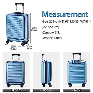 TydeCkare 20 Inch Carry On Luggage with Front Pocket, 21.65 * 15.35 * 7.87" Suitable for Airplane Overhead Bin, 34L PC+ABS Hardshell, Ice Blue