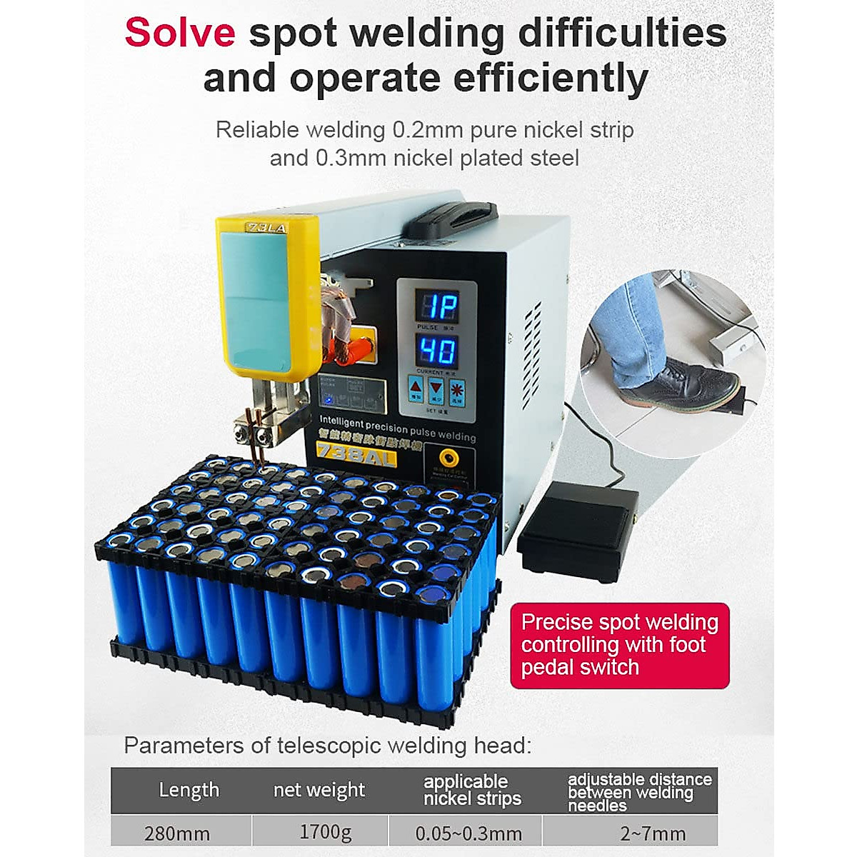 RCBDBSM Pulse Spot Welder 0.2mm Battery Welding Machine Battery Spot Welder Machine 738AL Spot Welder with Adjustable Welding Head for 18650 14500 Lithium Battery Pack Building
