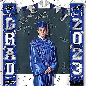 2023 Graduation Porch Sign Banner, Navy Blue and Silver Graduations Porch Sign Door Banner Class of 2023 Congrats Grad Hanging Banner Flag for High School and College Graduation Party Decorations