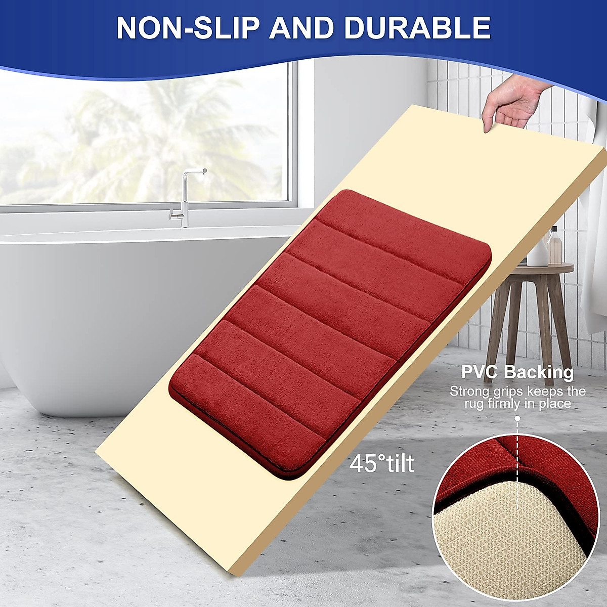 Memory Foam Bath Mat Set Bathroom Mat Set Ultra Soft 3 Piece Bathroom Rug Non Slip and Highly Absorbent Bathroom Floor Mat Machine Washable Toilet Mat（Burgundy, 17” X 24”+20” X 24”+20” X 32”)