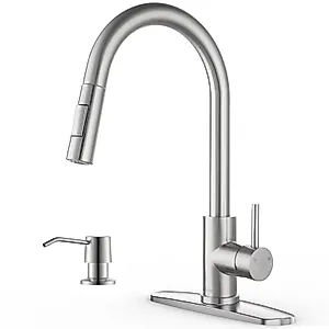 Kitchen Faucet with Soap Dispenser, APPASO Kitchen Faucet with Pull Down Sprayer, Brushed Nickel Kitchen Sink Faucets with Sprayer, Modern Kitchen Faucet for RV Bar Sink, Durable Stainless Steel