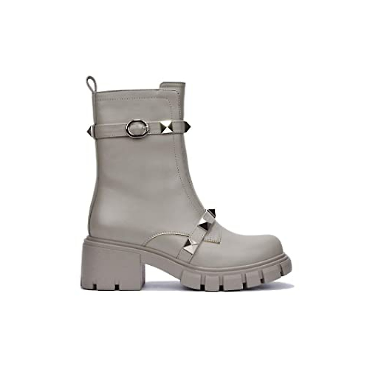 Cape Robbin Yuri Grey Gold Embellished Buckle Strap Block Chunky Heel Moto Boots (Grey Gold, 8)