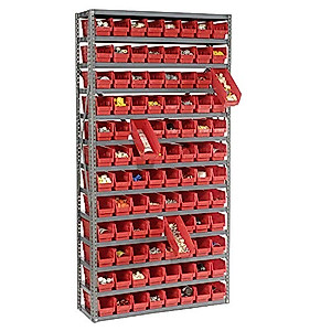 Global Industrial 13 Shelf Steel Shelving with (96) 4" H Plastic Shelf Bins, Red, 36x12x72