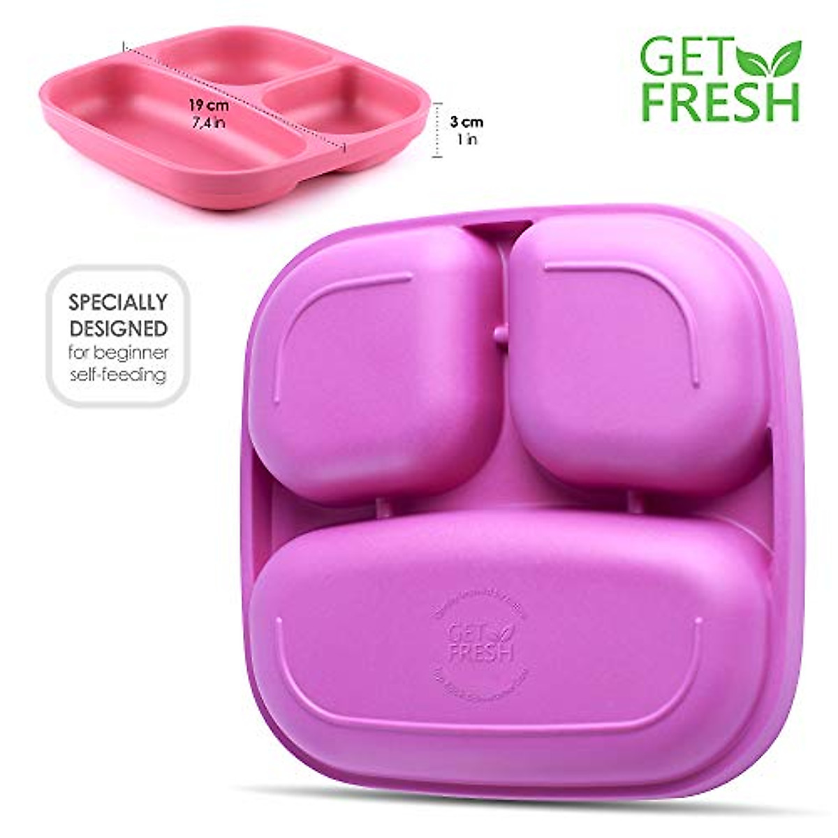 GET FRESH Bamboo Kids Divided Plates Set – 2-Pack 3 Compartment Bamboo Childrens Plates for Kids Meals – Reusable Bamboo Toddler Divided Plates Set – Colorful Bamboo Kids Dinnerware Sectioned Plates