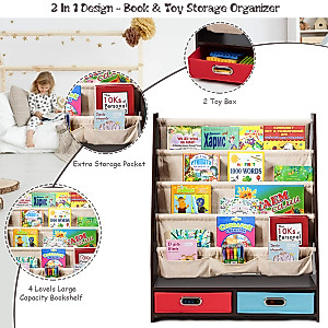 Costzon Kids Bookshelf, Wooden 4 Sling Book Shelves with 2 Pull-Out Toy Storage Boxes, Classroom Display Book Rack Organizer Furniture for Toddlers Kids Room, Nursery, Bedroom (Espresso)