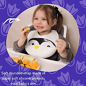 Silly Goose Set of 2 Silicone Animal Baby Bibs for Babies and Toddlers, Waterproof, Adjustable, Soft, Extra Wide Food Catcher Pocket (2PK Penguin+Fox)