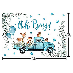 ABLIN 7x5ft Boy Baby Shower Woodland Theme Party Backdrop Oh Boy Blue Truck Balloons Green Leaves Cute Sika Deer Owl Fox Bear Photo Background Gender Reveal Party Decorations Props