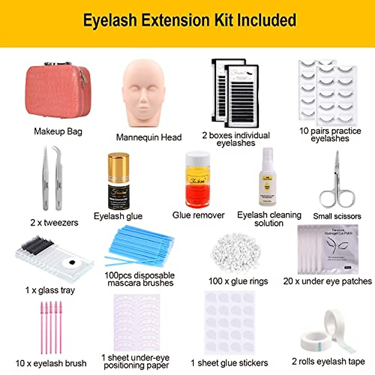 Eyelash Extension Kits, 17Pcs Professional Eyelash Grafting Training Tools Lashes Extension Practice Exercise Set with Mannequin Head Makeup Bag Glue Tweezers for Practice Eye Lashes Graft (17PCS)