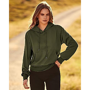 BTFBM Women's Casual Long Sleeve Cropped Hoodies Pullover Fall Winter Fashion Drawstring Sweatshirts Tops Pockets(Solid Army Green, Large)