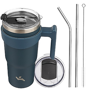 Konokyo 20 oz Tumbler with Handle and 2 Straw 2 Lid, Insulated Water Bottle Stainless Steel Vacuum Cup Reusable Travel Mug, Navy Blue