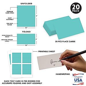Andaz Press Table Tent Printable Place Cards, Diamond Blue 20-Pack, Seat Placement Cards Blank Place Cards For Table Settings Name Cards for Baby Bridal Wedding Shower, School Graduation Food Cards