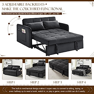 KINFFICT Velvet Pull Out Sleeper Sofa Bed with USB Ports, Convertible Futon Couch with Adjustable Backrest, 3 in 1 Modern Loveseat with 2 Pockets and Pillows, Small Love Seat for Living Room, Black