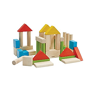 PlanToys Wooden Building Blocks - 40 Unit Blocks Natural and with Color (5513) | Sustainably Made from Rubberwood and Non-Toxic Paints and Dyes