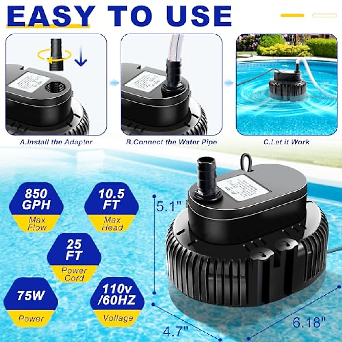 UniWater Pool Cover Pump above Ground-Submersible Sump Pump Swimming Water Removal Pumps, Sump Pump for Pool Draining with 16ft Drainage Hose & 25 ft Extra Long Power Cord,850 GPH,3 Adapters-Black