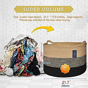 COMSE Extra Large Blanket Basket, Storage Basket, Laundry Basket, 21.7”x 13.8”, Laundry Hamper, Cotton Rope Basket, Blanket Basket Living Room, Toy Basket (Brown & Black)