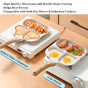 Pearlead Nonstick Egg Frying Pan Heart Shaped Fried Egg Cooker Pan 3 Section Pancake Pan Omelette Pan Breakfast Pan Egg Skillet Pan for Kitchen Use with Basting Brush and Cooking Tong