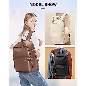 Laptop Backpack Women, Faux Leather Work Travel Backpack for Men with USB Port, Waterproof Fashion Casual Daypack for Business University, Large Capacity Carry On Backpack for Airplanes, Black