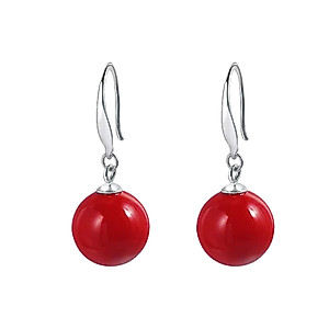 925 Sterling Silver Red Pearl Earrings for Women Dangle Drop Earrings for teen girls 10mm Pearl Festival Gifts for Mother Wife Daughter