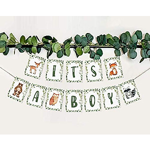 Woodland Baby Shower Banner, Forest Animals Creatures It's A Boy Bunting Banner for Woodland Baby Shower Decorations