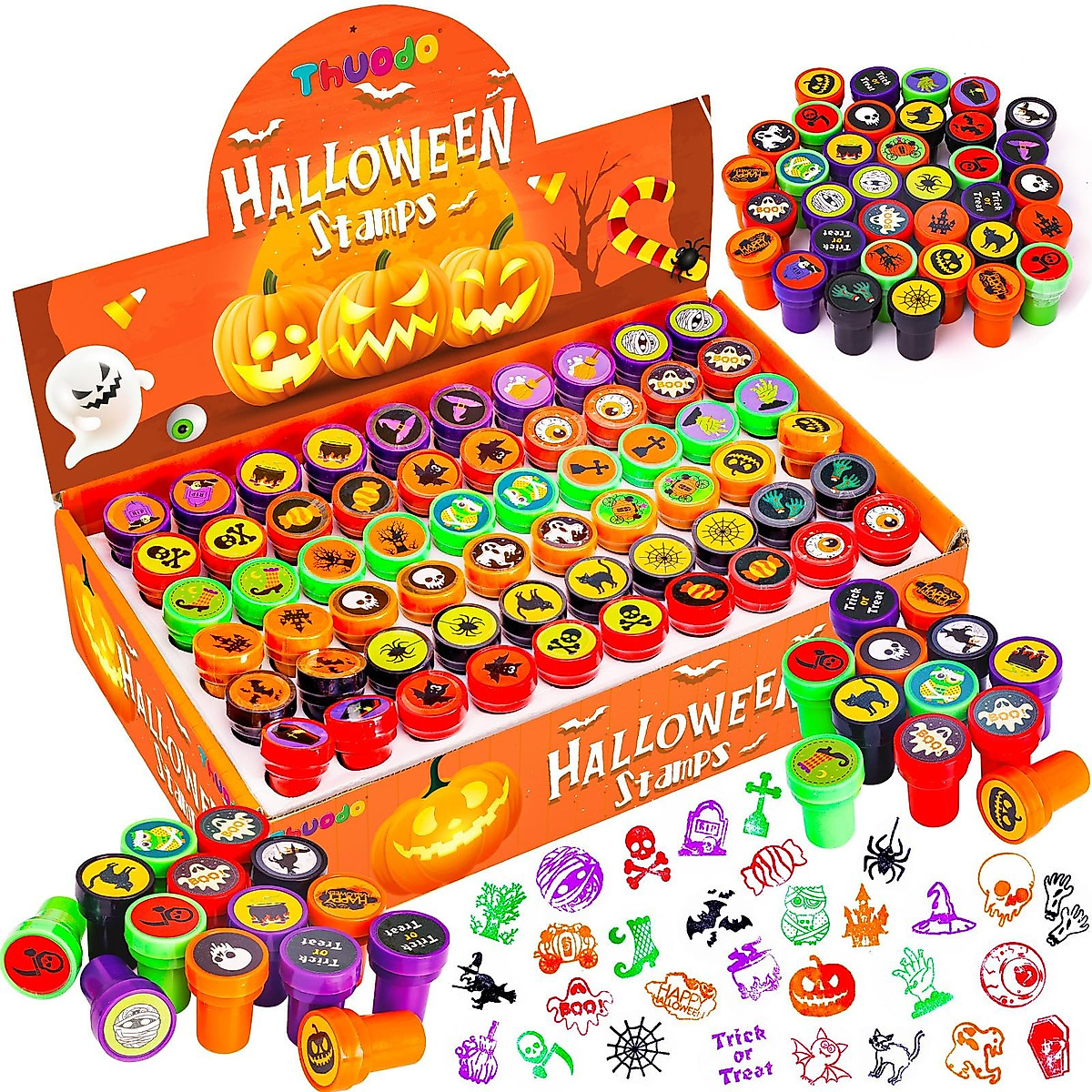 Thuodo Halloween Party Favors, 120 Pieces Assorted Stamps for Kids Bulk, Children Self-Ink Holiday Toy Gifts Game Prizes, Halloween Treat Goodies Bags Filler Classroom Rewards Stationery Set
