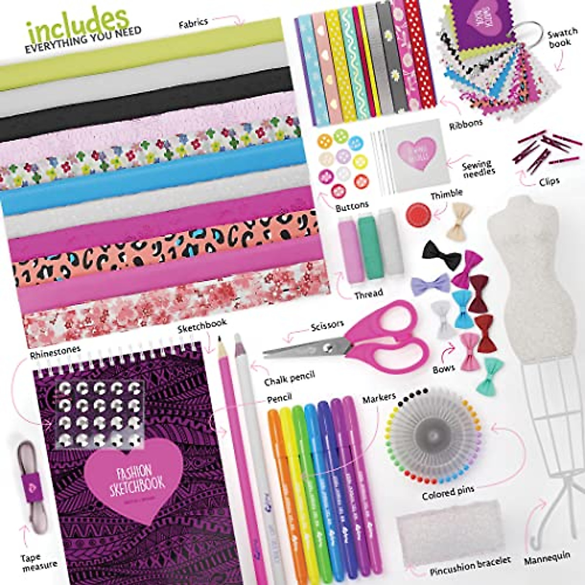Fashion Design Studio - Sewing Kit for Kids - Girls Arts & Crafts Kits Age 6, 7, 8, 9, 10-12 - Learn to Sketch & Sew with Real Designer Sketchbook - Kid Art Project Gift - Girl Craft Activities Gifts