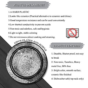 Melamine Dinnerware Set of 12 Pcs-Melamine Plates and Bowls Set for Indoor and Outdoor Use, BPA Free Dishwasher Safe, Lightweight Unbreakable（Glazed Grey）