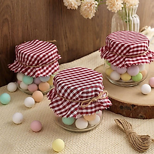 Efavormart 6 Pack | 6" Red/White Checkered Jam Jar Covers, Gingham Polyester Fabric Mason Jar Covers with Jute String - Scalloped Edge