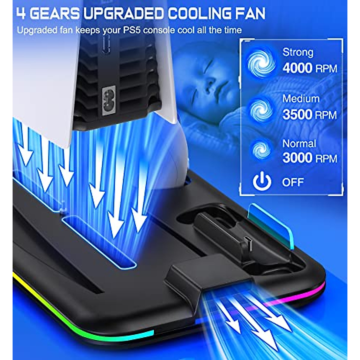 PS5 Stand with 4 Level Cooling Fan and RGB LED, Dual Fast PS5 Controller Charging Station for PS5 Digital/Disc, Accessories Incl. 6 Game Storage, Headset Holder, Dust Baffle