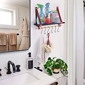 AccEncyc Set of 2 Wall Mounted Shelves Wood Floating Shelves with PU Leather Straps Multifunctional Wood Storage Shelves for Kitchen, Living Room, Bedroom, Study