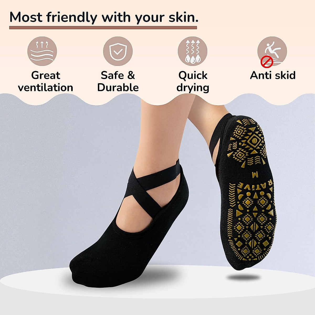 RATIVE X-Cross Anti Slip Non Skid Barre Yoga Pilates Hospital Socks with grips for Adults Men Women (Small, 5-pairs/Line)